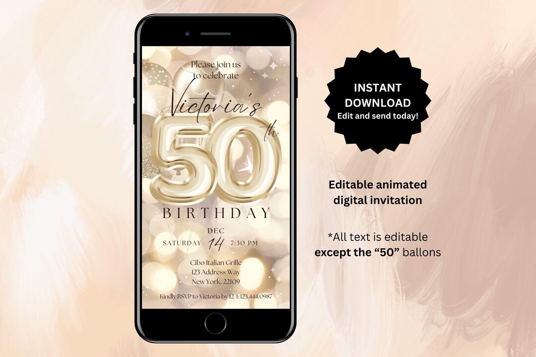 EDITABLE 50th Birthday E-vite, Gold Instant Download Bday Invitation ...