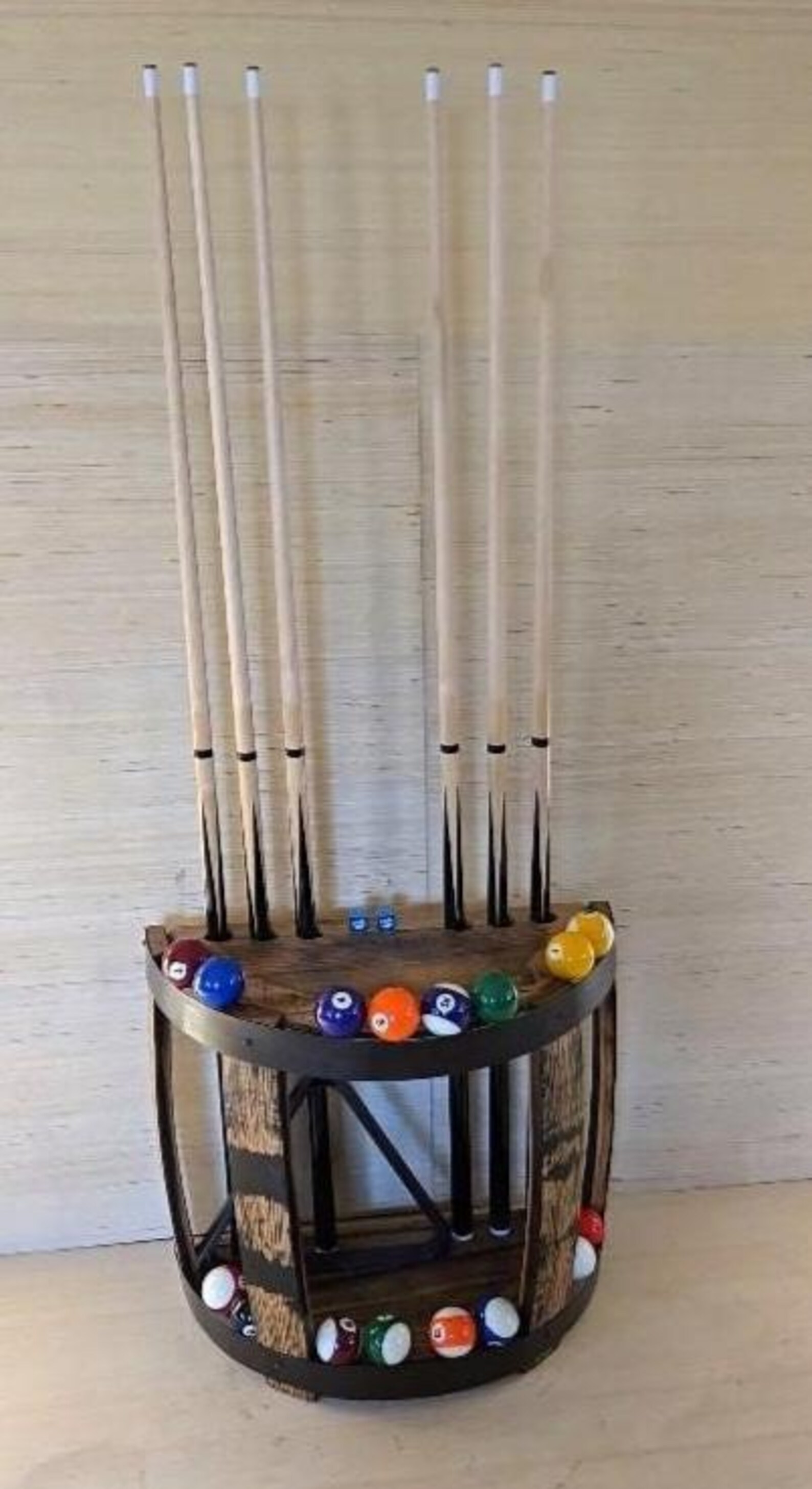 Whiskey Barrel Cue Rack Bourbon Billiards Amish Handmade Pool Cue Table ...
