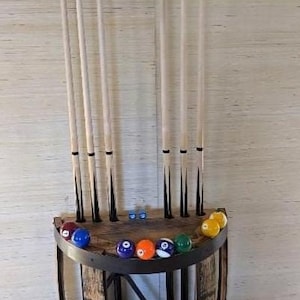 Whiskey Barrel Cue Rack Bourbon Billiards Amish Handmade Pool Cue Table ...
