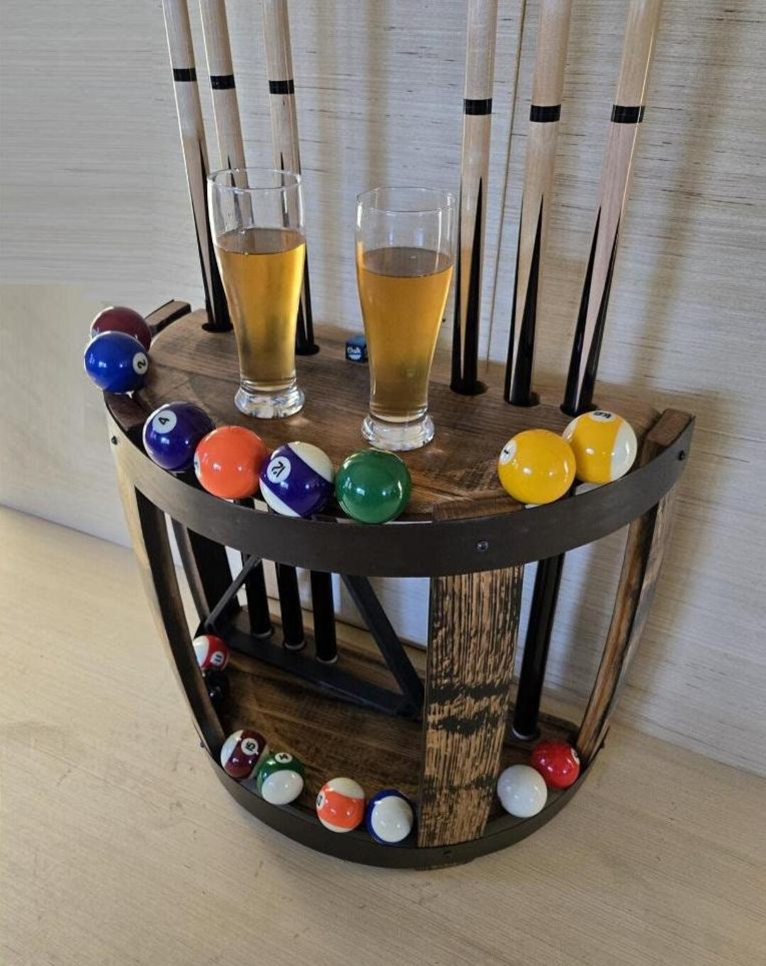 Whiskey Barrel Cue Rack Bourbon Billiards Amish Handmade Pool Cue Table ...