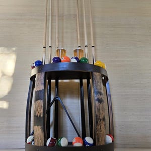 Whiskey Barrel Cue Rack Bourbon Billiards Amish Handmade Pool Cue Table ...