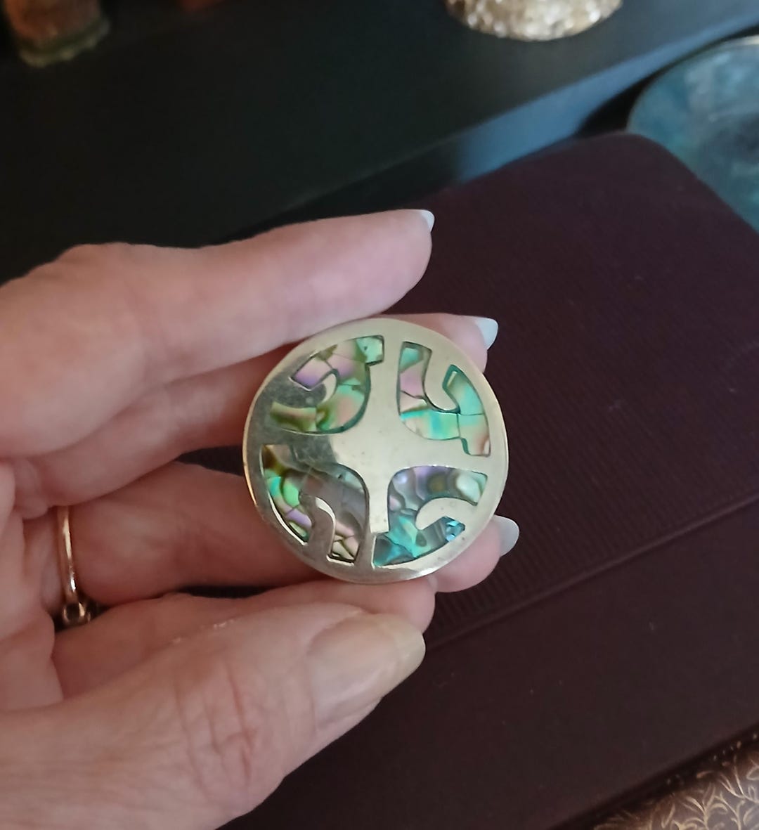 Vintage Abalone Shell Inlaid Alpaca Silver Metal Marked Mexico, Brooch ...