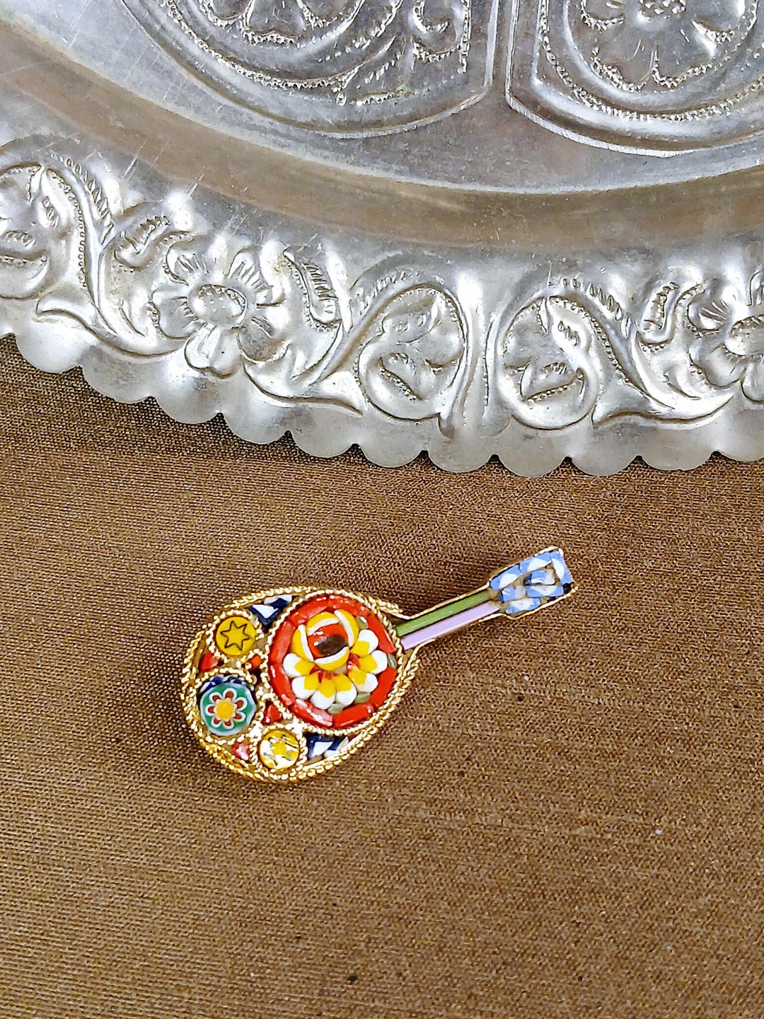 Vintage Italian Micromosaic Mandolin Guitar Brooch/pin, Multi-colored ...