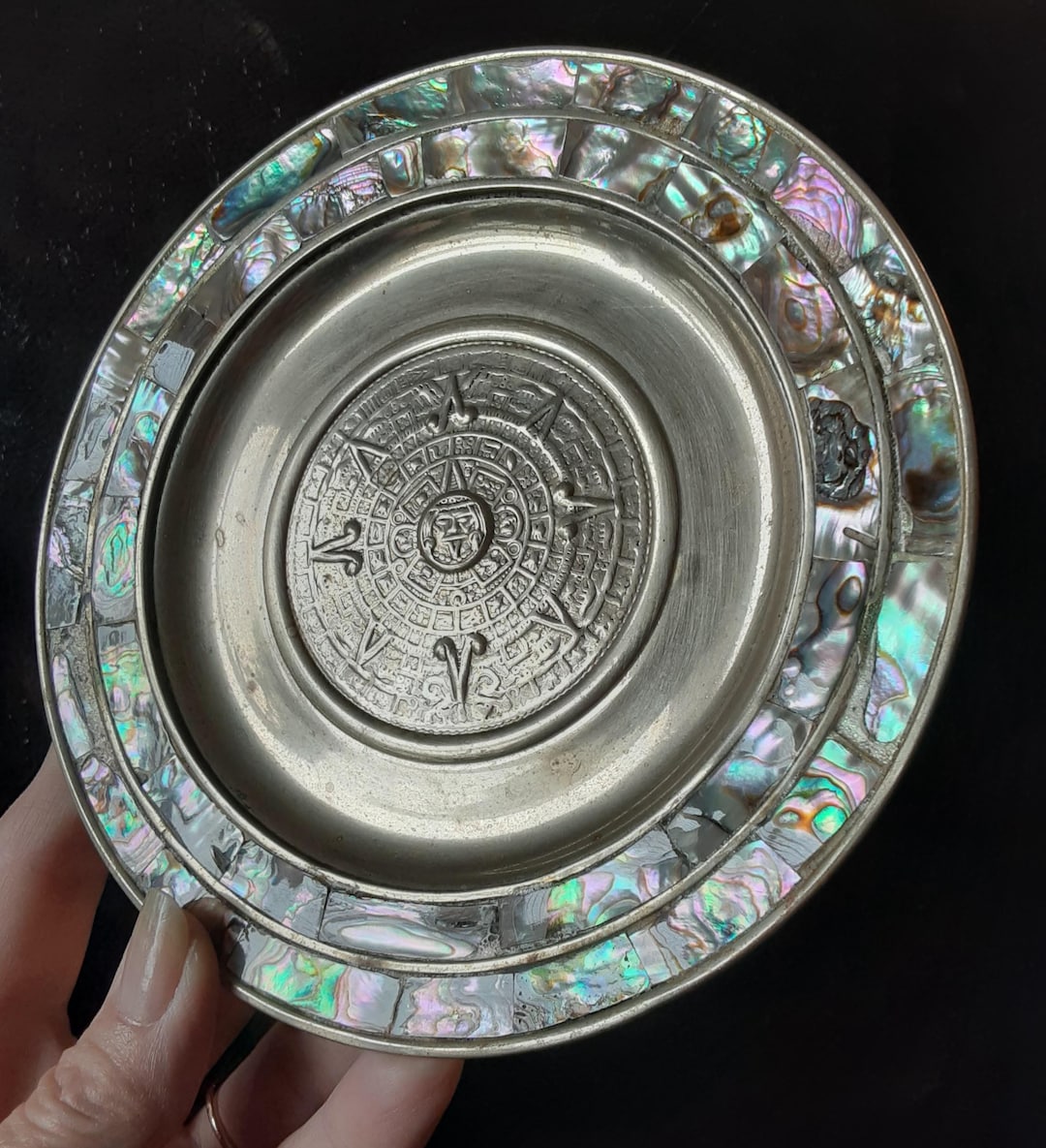 Vintage Alpaca Mexico Abalon Inlaid 6-inch, Alpaca Metal Plate, Aztec ...
