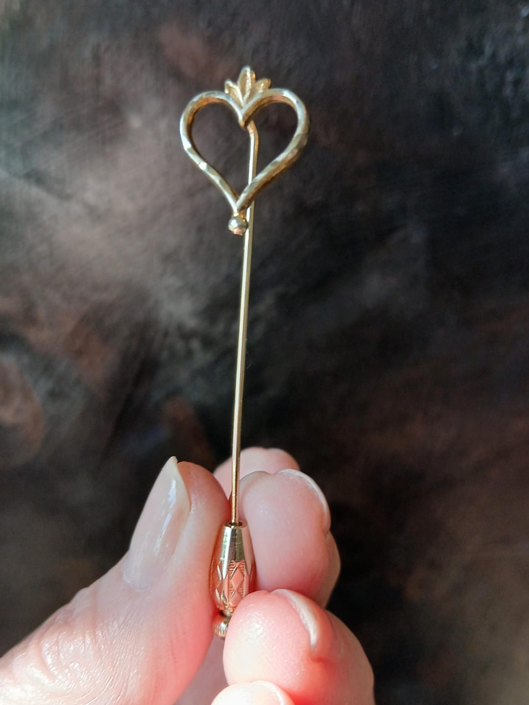 Vintage Etched Heart Stick Pin Marked 1/20 12k GF, and a Brass Small ...