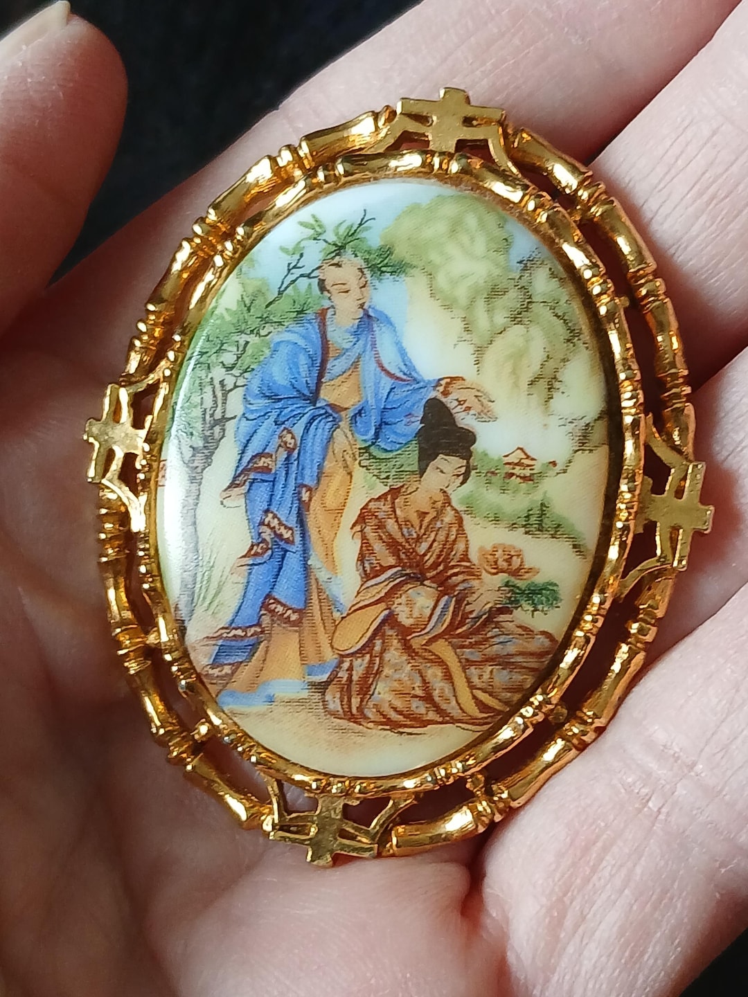Vintage Asian Courting Couple, Color Transfer on Milk Glass, Goldtone ...