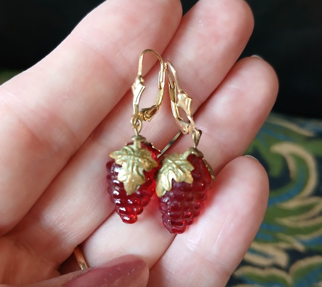 Vintage Modified Red Glass Grape Cluster Earrings With Brass Leaves ...