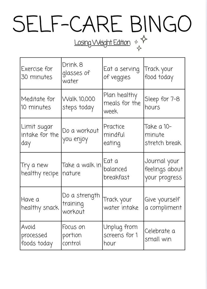 Self Care Bingo- Losing Weight Edition - Etsy