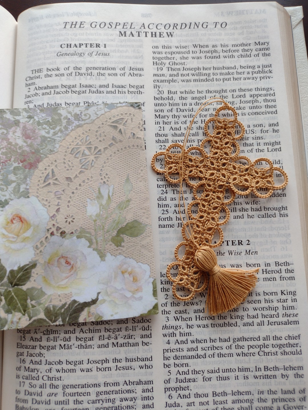 CARAMEL Gold Cross Bookmark Bible Devotional Shuttle Tatted Lace ...