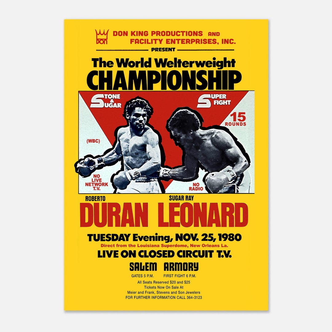 Roberto Duran Vs Sugar Ray Leonard Boxing Poster: the Super Fight 1980 ...