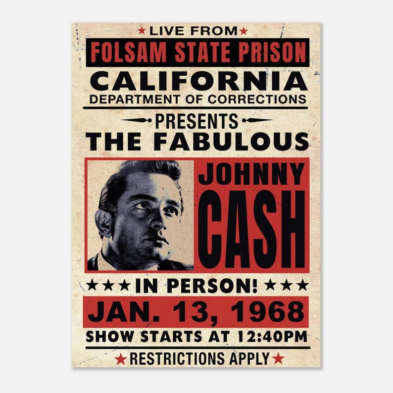 Johnny Cash Poster: Folsom Prison Concert Flyer, 1968 - Etsy