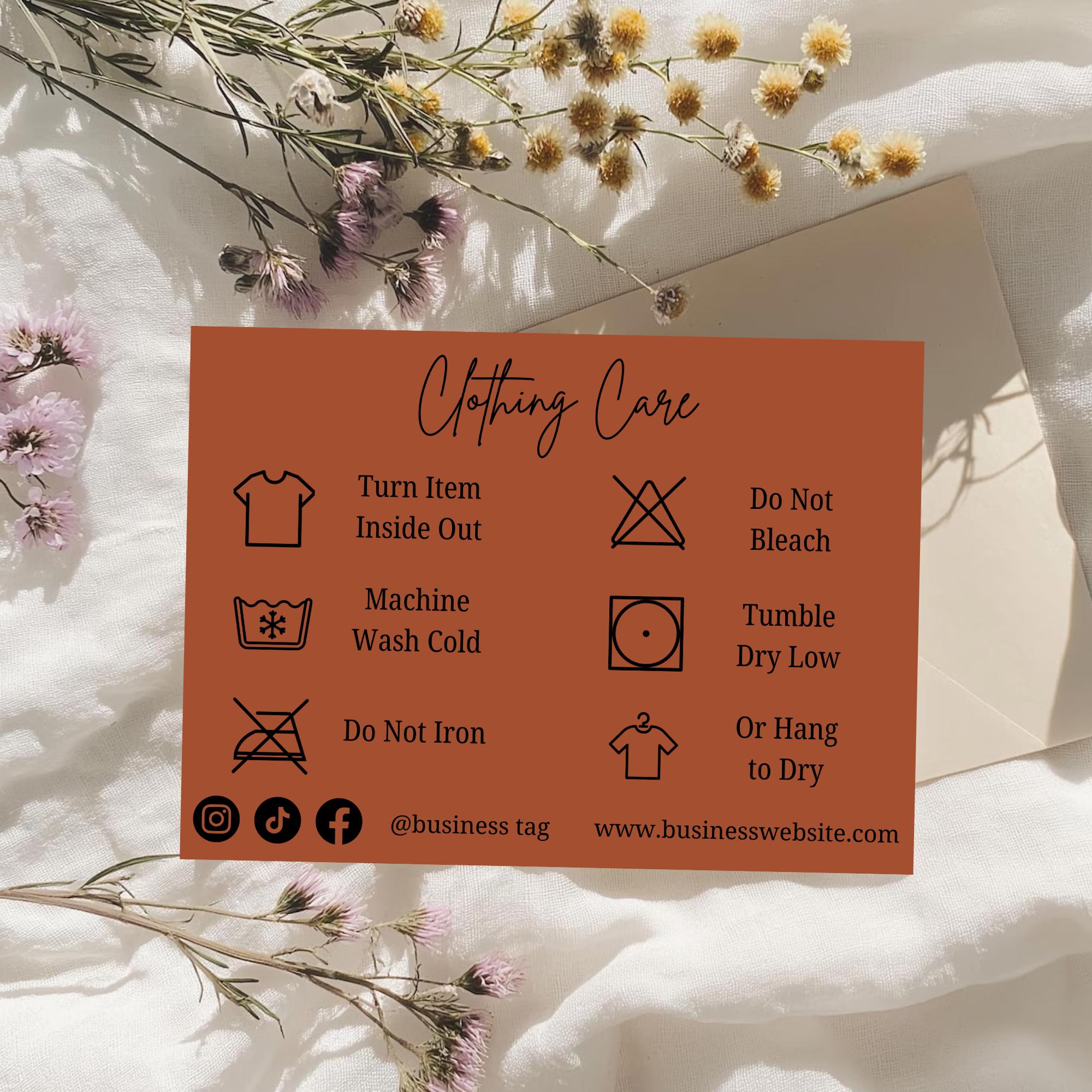 Clothing Care Card for Small Business Garment Care Card Template Small ...