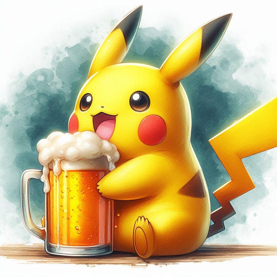 Pikachu Drinking Beer Funny Bar Poster Funny Poster in Watercolor Style ...