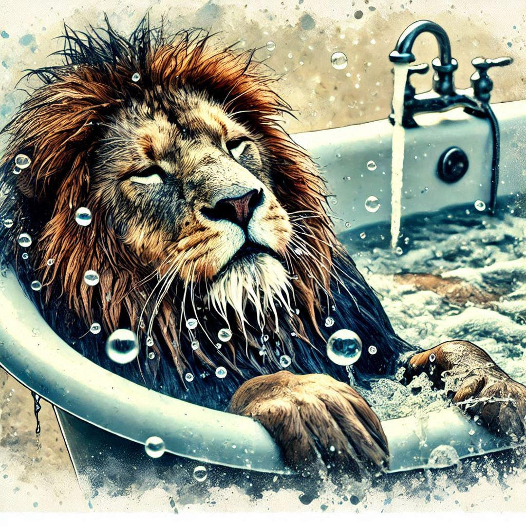 Relaxed Lion Taking A Bath Animal Poster in Watercolor Style Museum ...