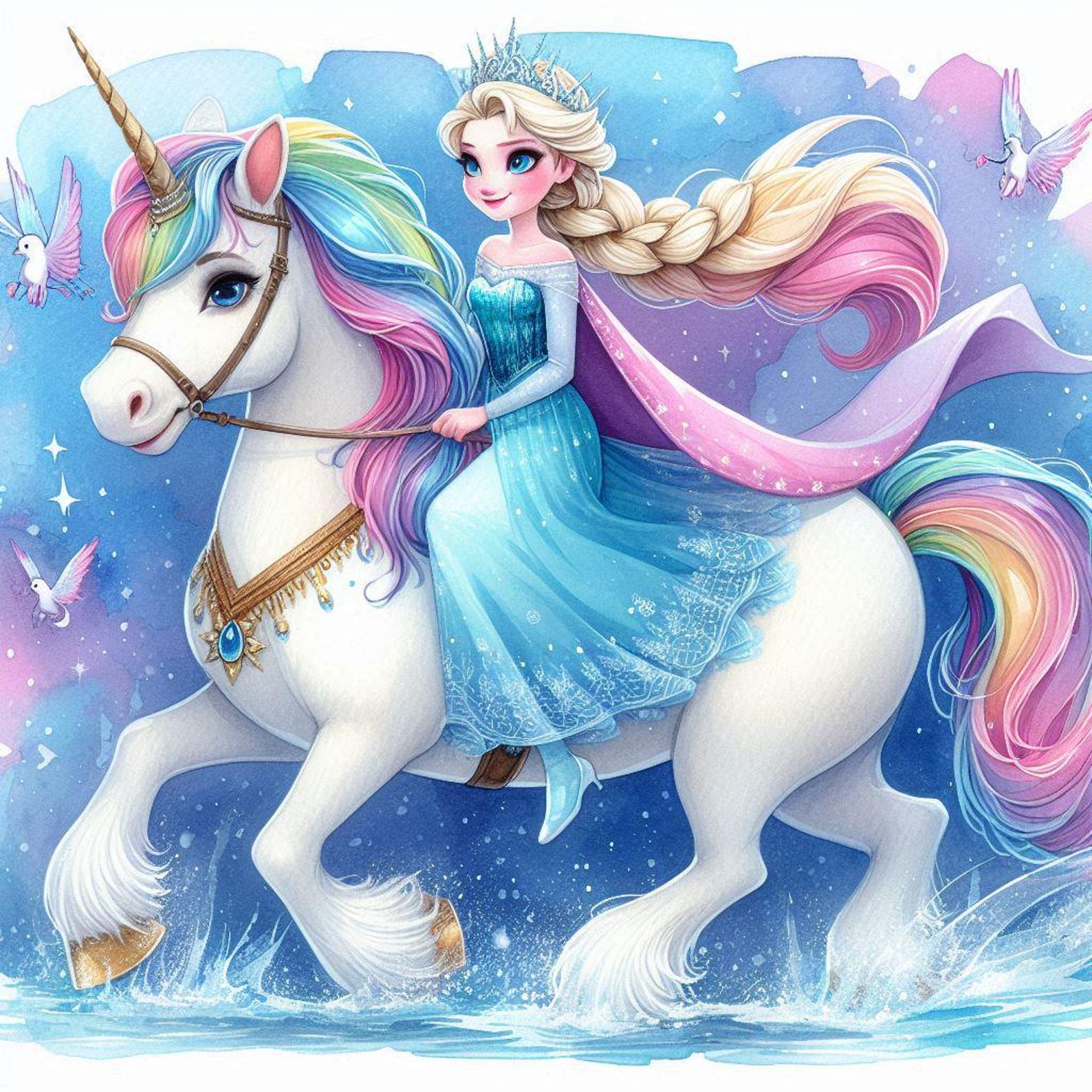 Frozen Elsa on A Unicorn Cute Poster in Watercolor Style Museum Quality ...