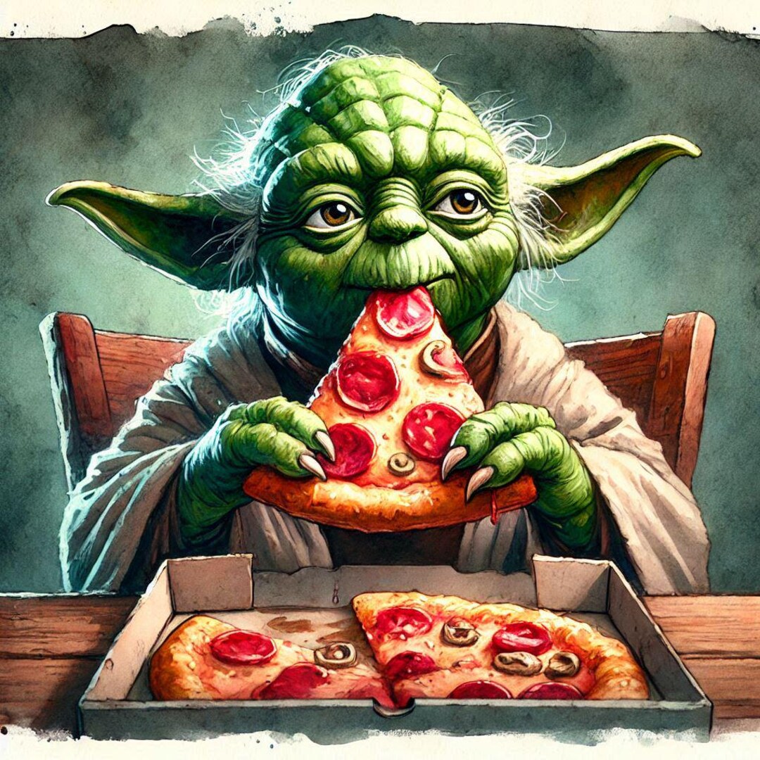 Yoda Eats Pizza Funny Star Wars Poster Funny Poster in Watercolor Style ...