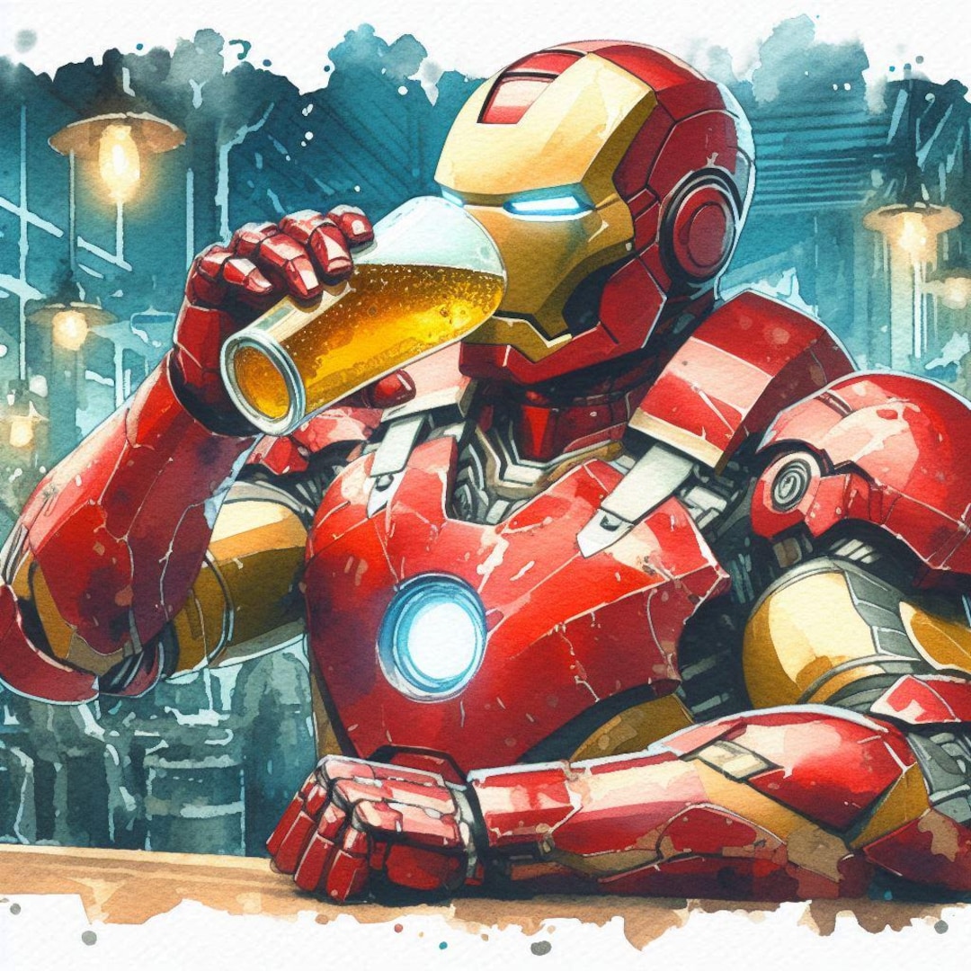 Iron Man Drinking Beer Funny Bar Poster Funny Poster in Watercolor ...