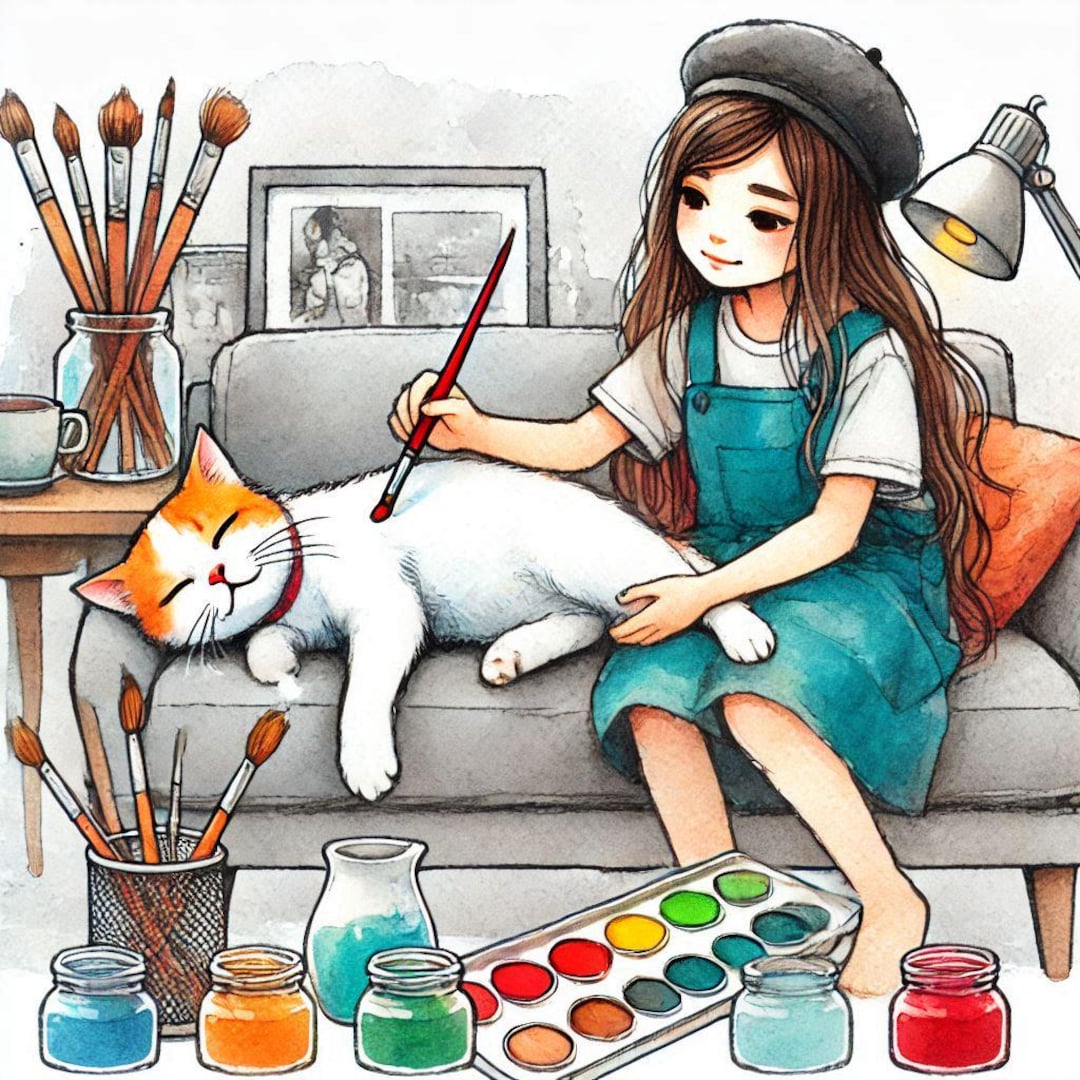 Art Girl Pampering Her Cat Cute Animal Poster Museum Quality Semi ...