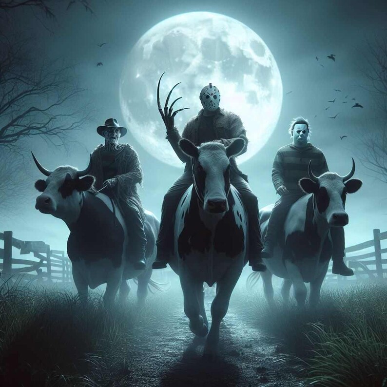 Horror Movie Villains Riding on Cows in Moonlight Unique Poster Museum ...