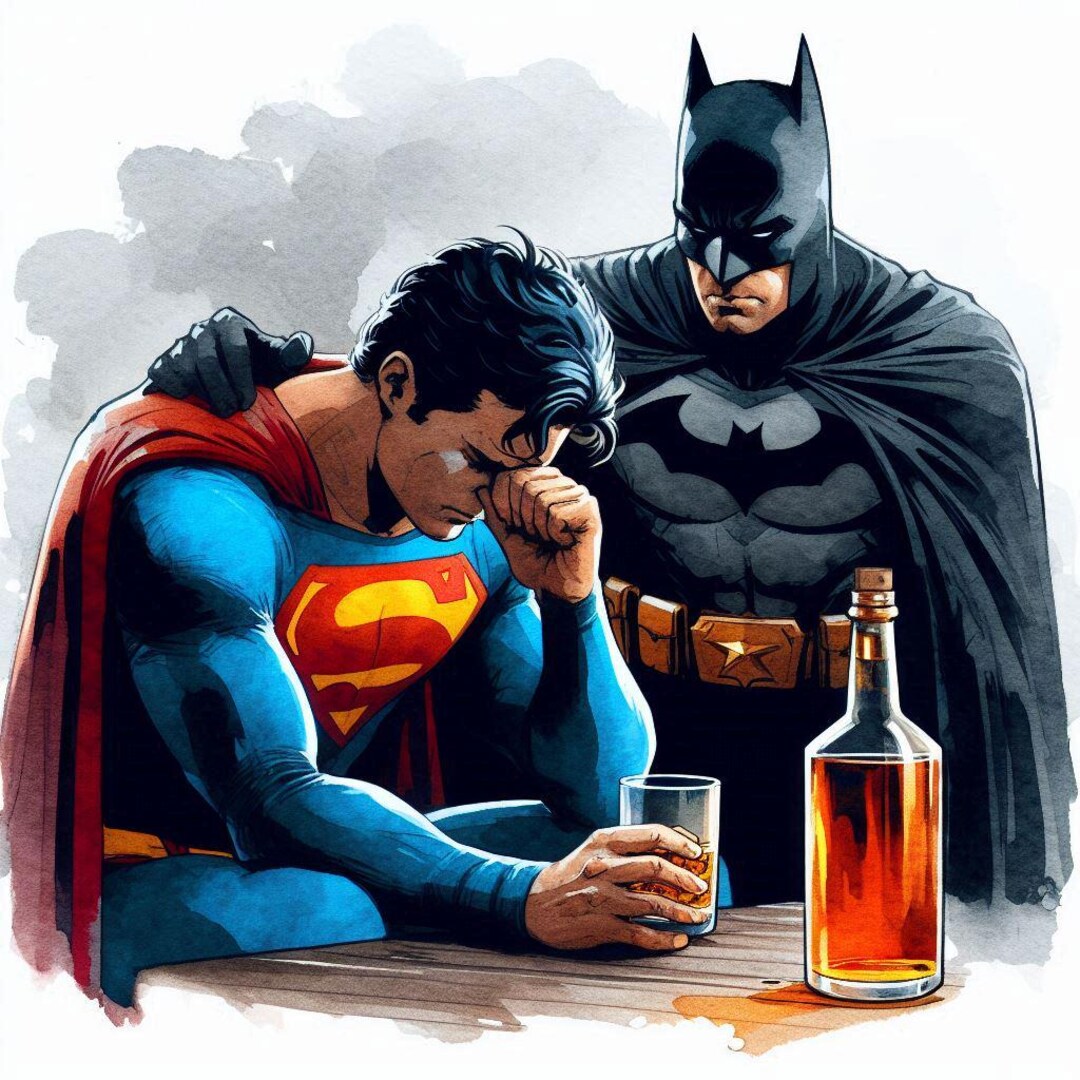 Sad Superman Gets Comforted by Batman and Whisky Funny Poster in ...