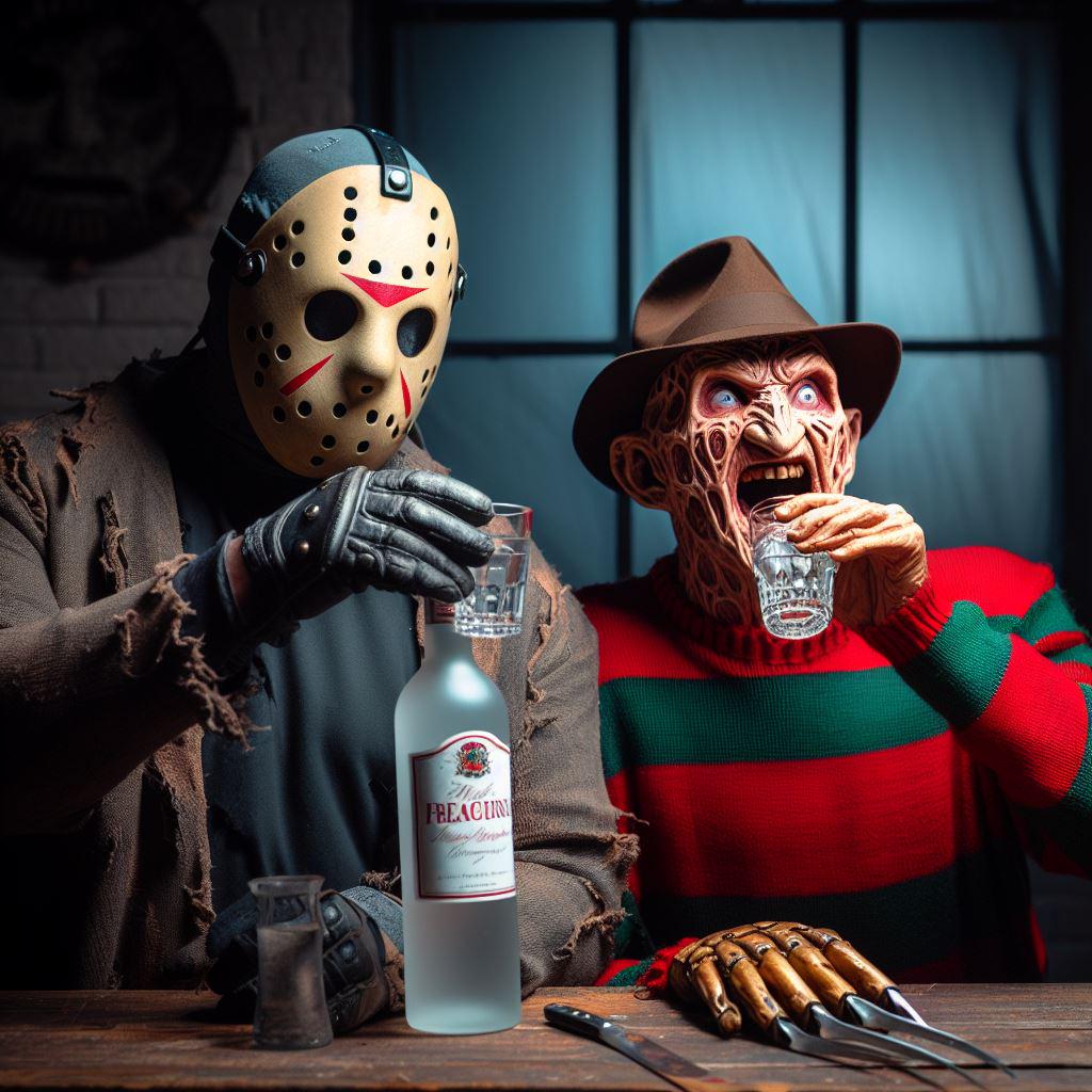 Jason and Freddy Drinking Vodka Bar Poster Horror Movie - Unique Poster ...