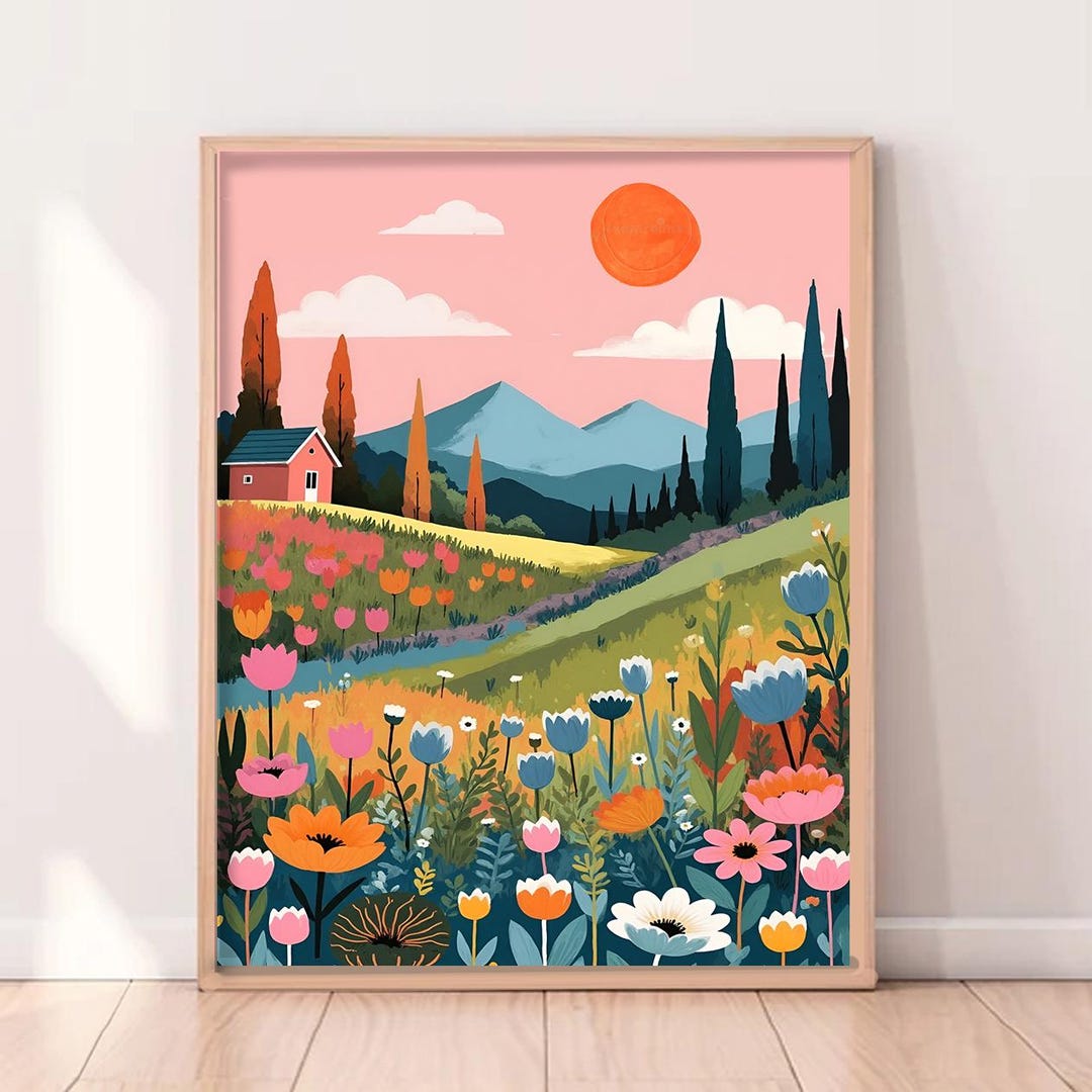 Mountain and Wildflower Wall Art Floral Landscape Print Colorful Nature ...