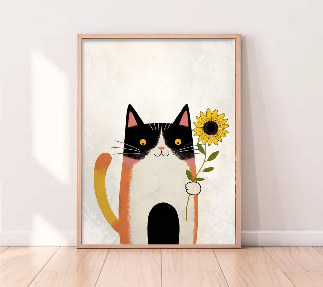 Boho Cat Print | Whimsical Feline Sunflower Wall Art - Etsy