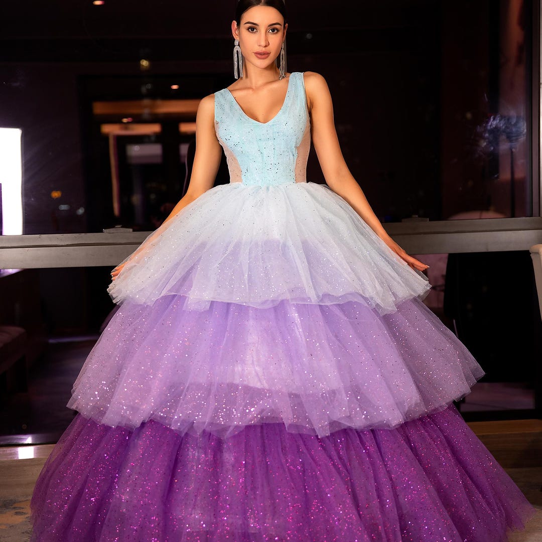 Purple See-through Puffy Evening Dress, Sparkle Prom Dress, Princess ...
