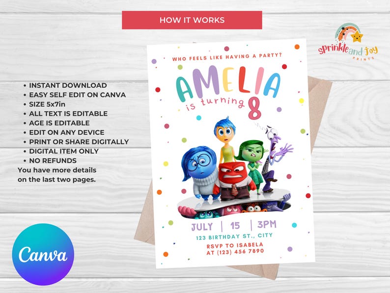 Editable Inside Out 2 Birthday Invitation | Canva Template | Inside Out ...