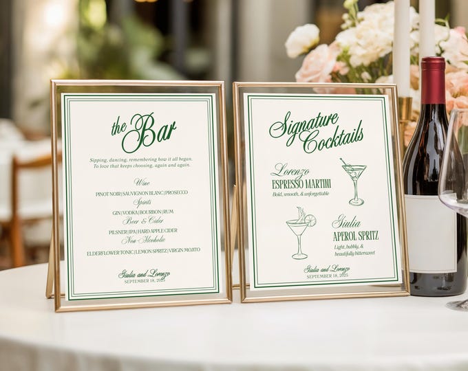 Olive Green Bar Menu Sign Template, Timeless Wedding Drinks List, Quiet ...