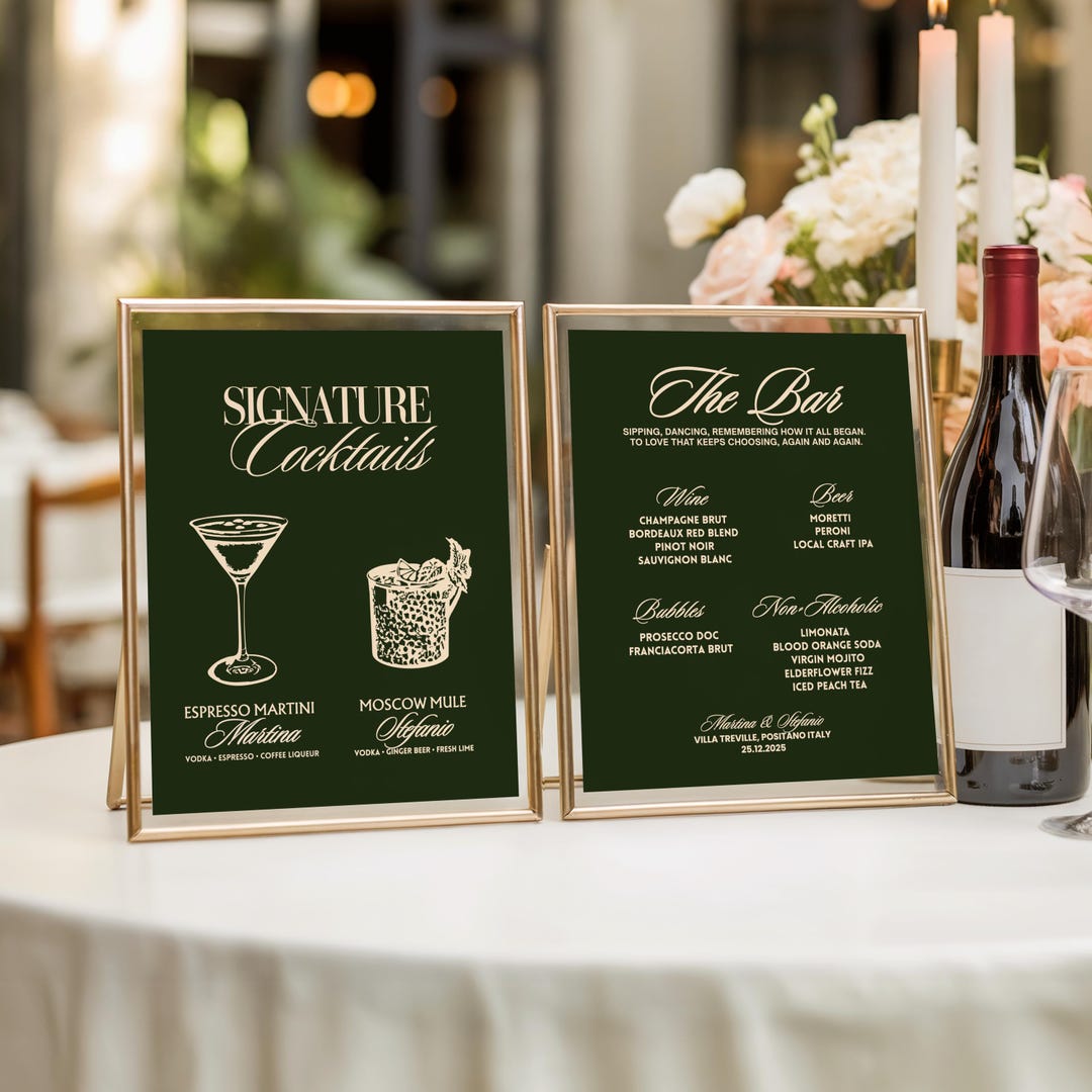 Deep Green Wedding Bar Menu Template: Signature Cocktails Old Money ...