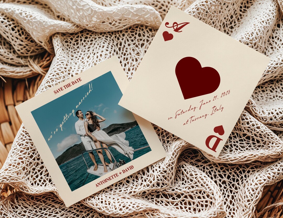 Save the Date Playing Cards - Romantic Red & Cream Photo Card, Square ...