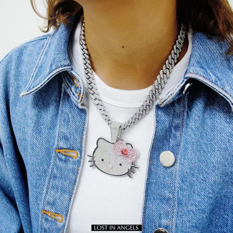 Iced Out Hello Kitty Necklace: Y2K Cuban Chain Charm - Etsy
