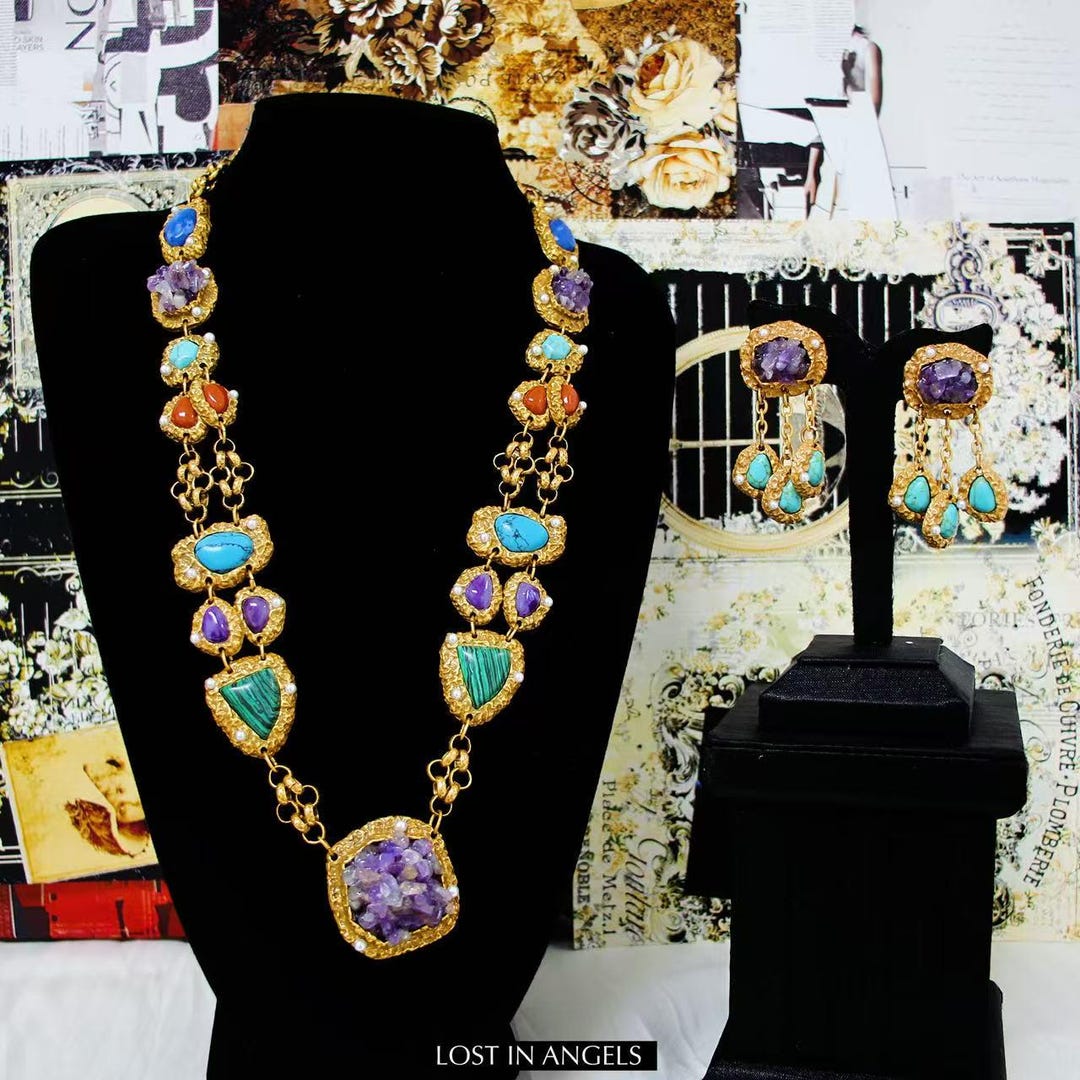 Vintage-inspired Amethyst Turquoise Jewelry Set: Gold-toned Boho ...