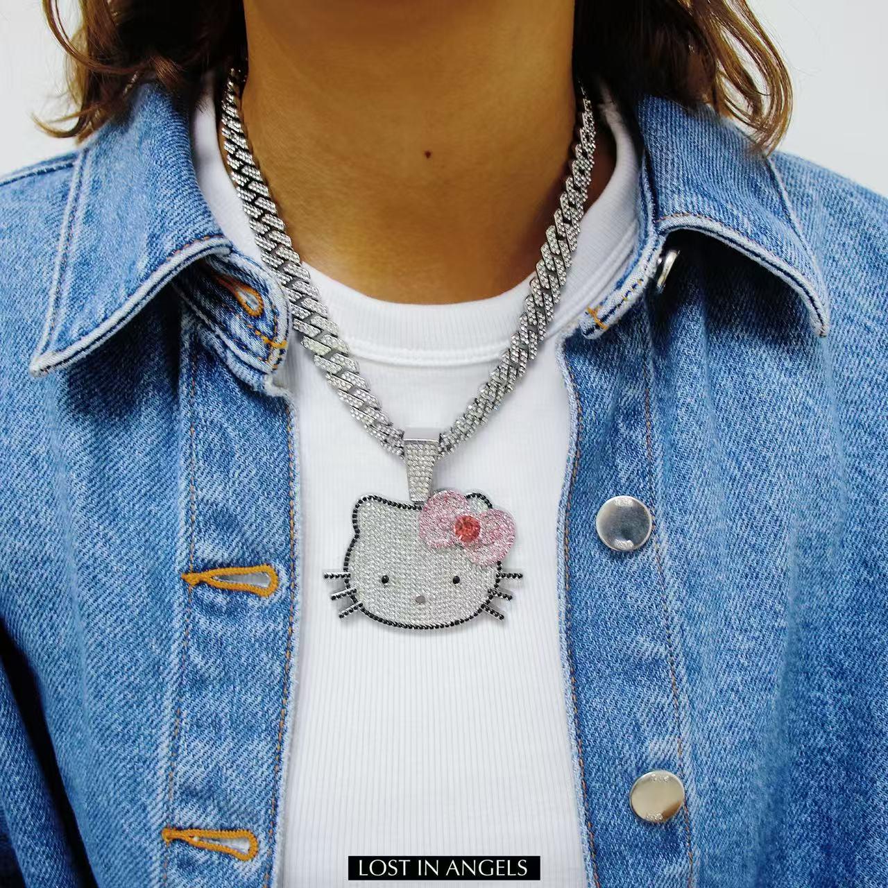 Iced Out Hello Kitty Necklace: Y2K Cuban Chain Charm - Etsy