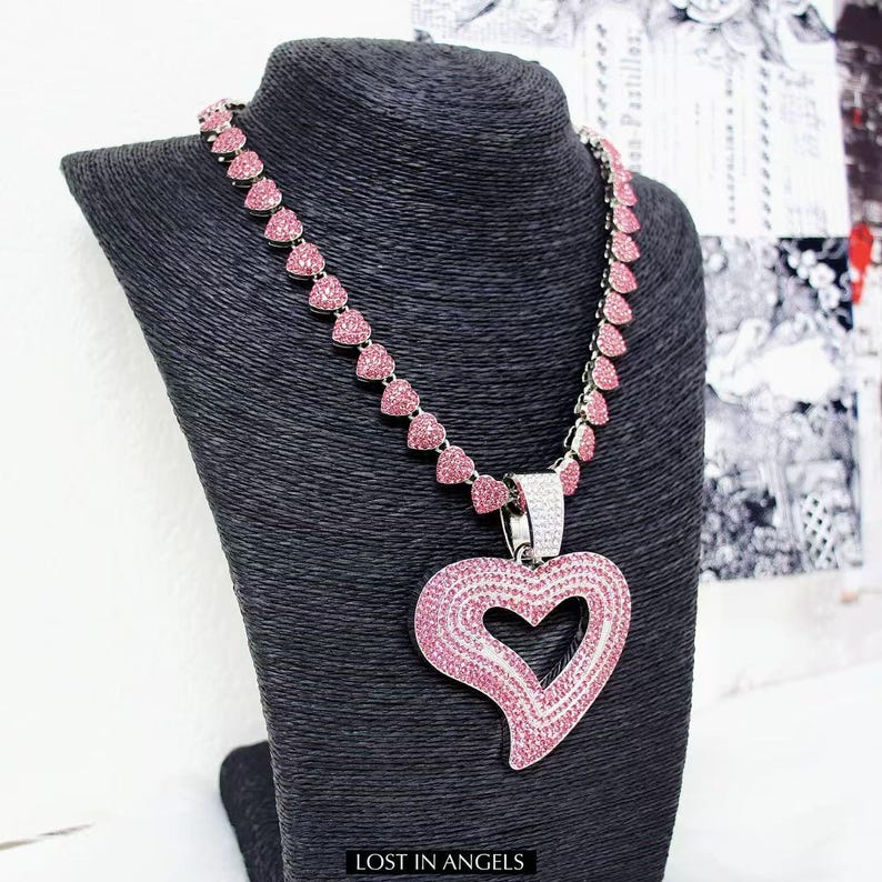 Iced Out Heart Pendant Necklace: Pink Cubic Zirconia Y2K Chain - Etsy
