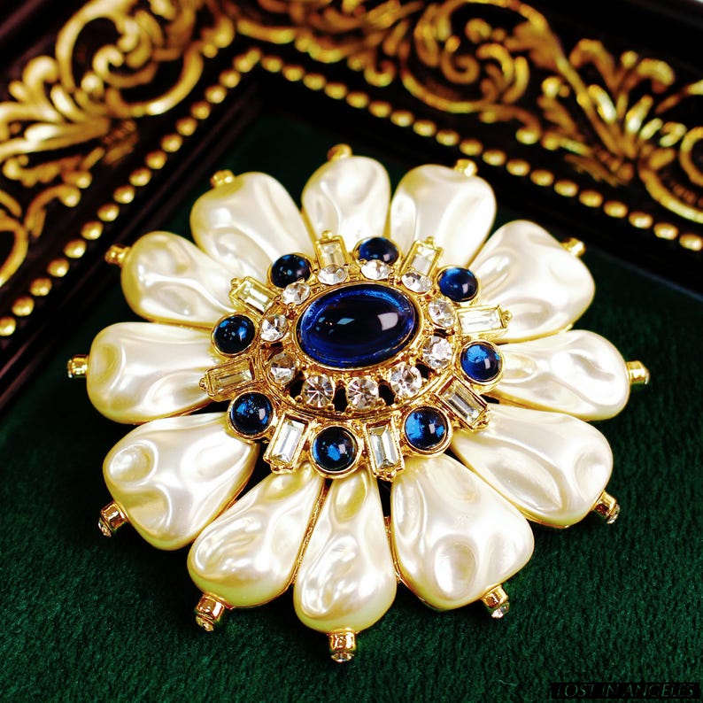 French Vintage Inspired Floral Brooch, Blue Enamel, Pearl Flower - Etsy