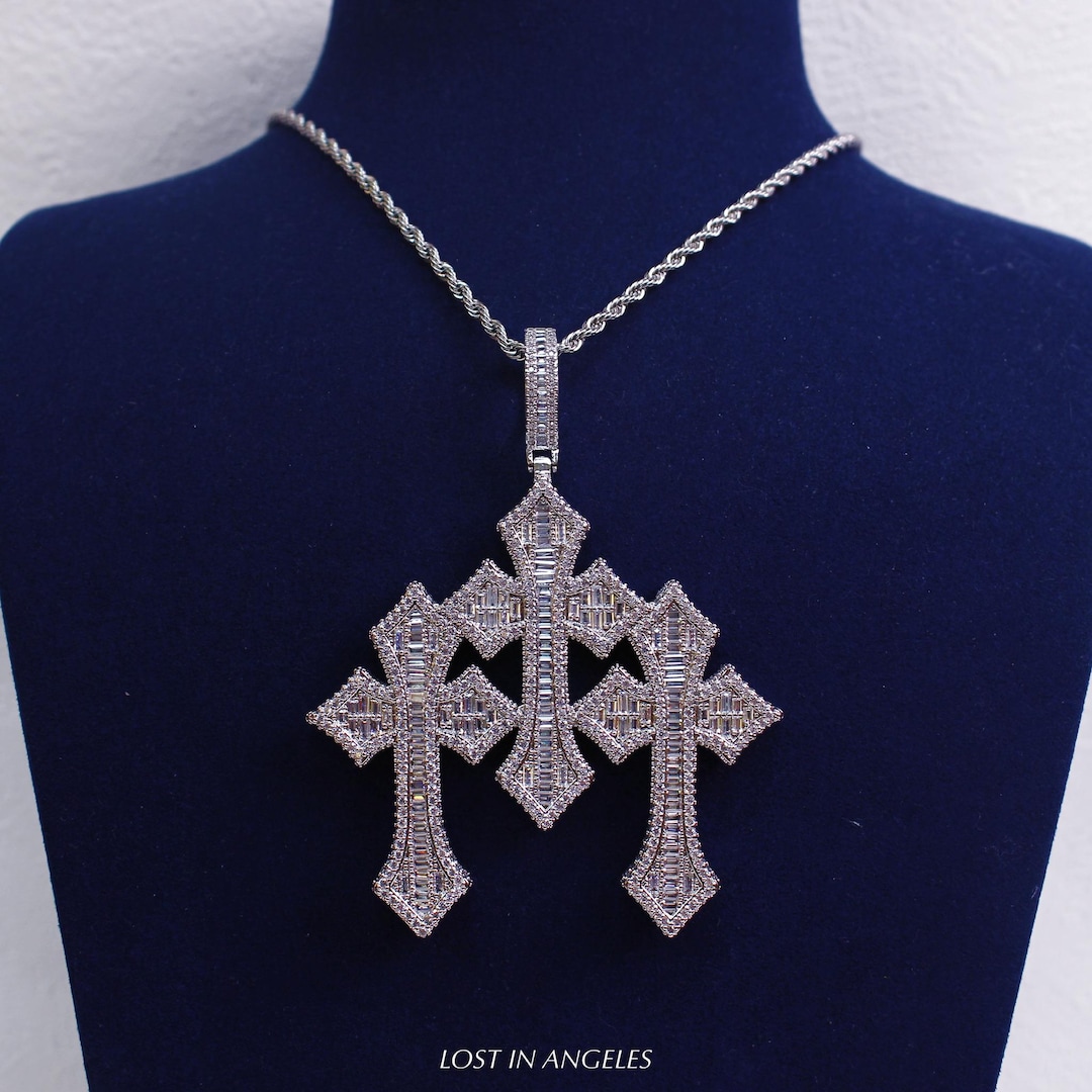 Triple Cross Pendant Necklace: Iced Out Silver Tone Streetwear Jewelry ...