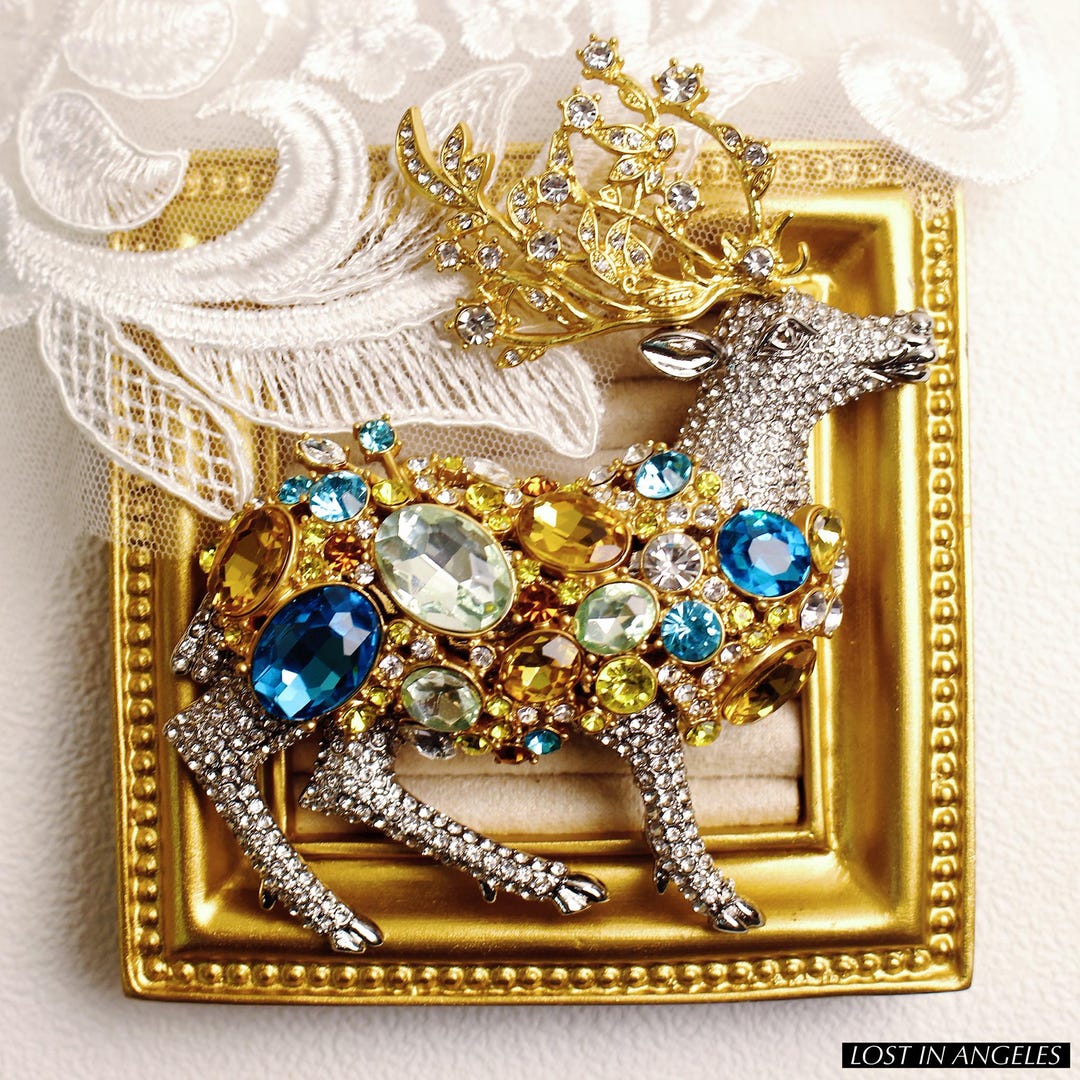 Vintage Inspired Reindeer Brooch: 18K Gold Plated Crystal Christmas Pin ...