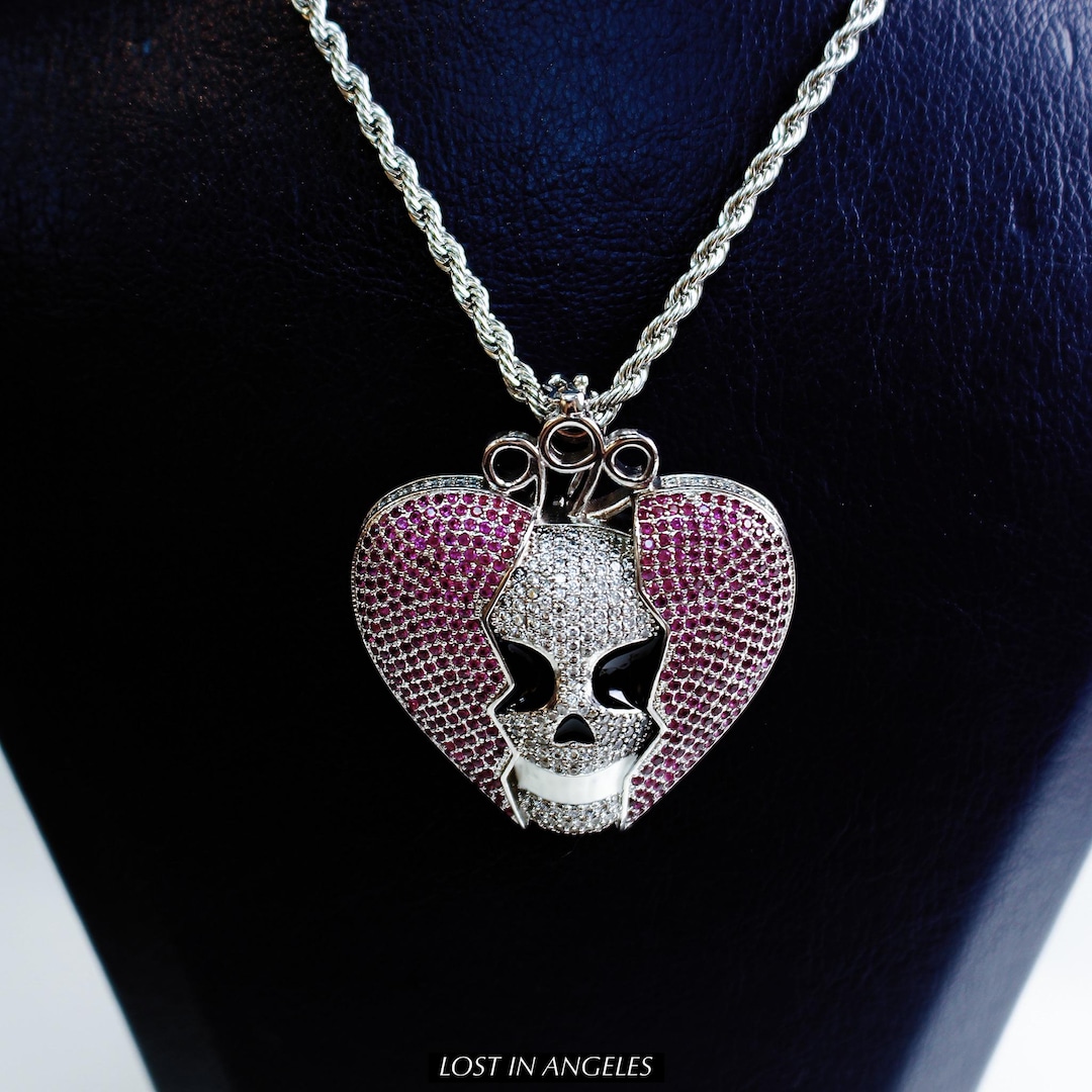 Broken Heart Skeleton: Pink Iced Out Silver Pendant | Hip Hop Gothic ...