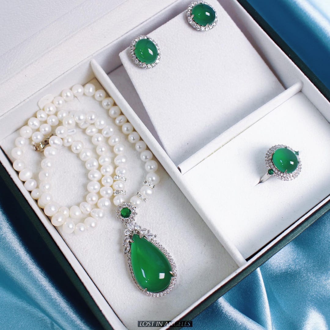 Handmade Green Jade Pearl Jewelry Set, Necklace Earrings Ring (gift Box ...