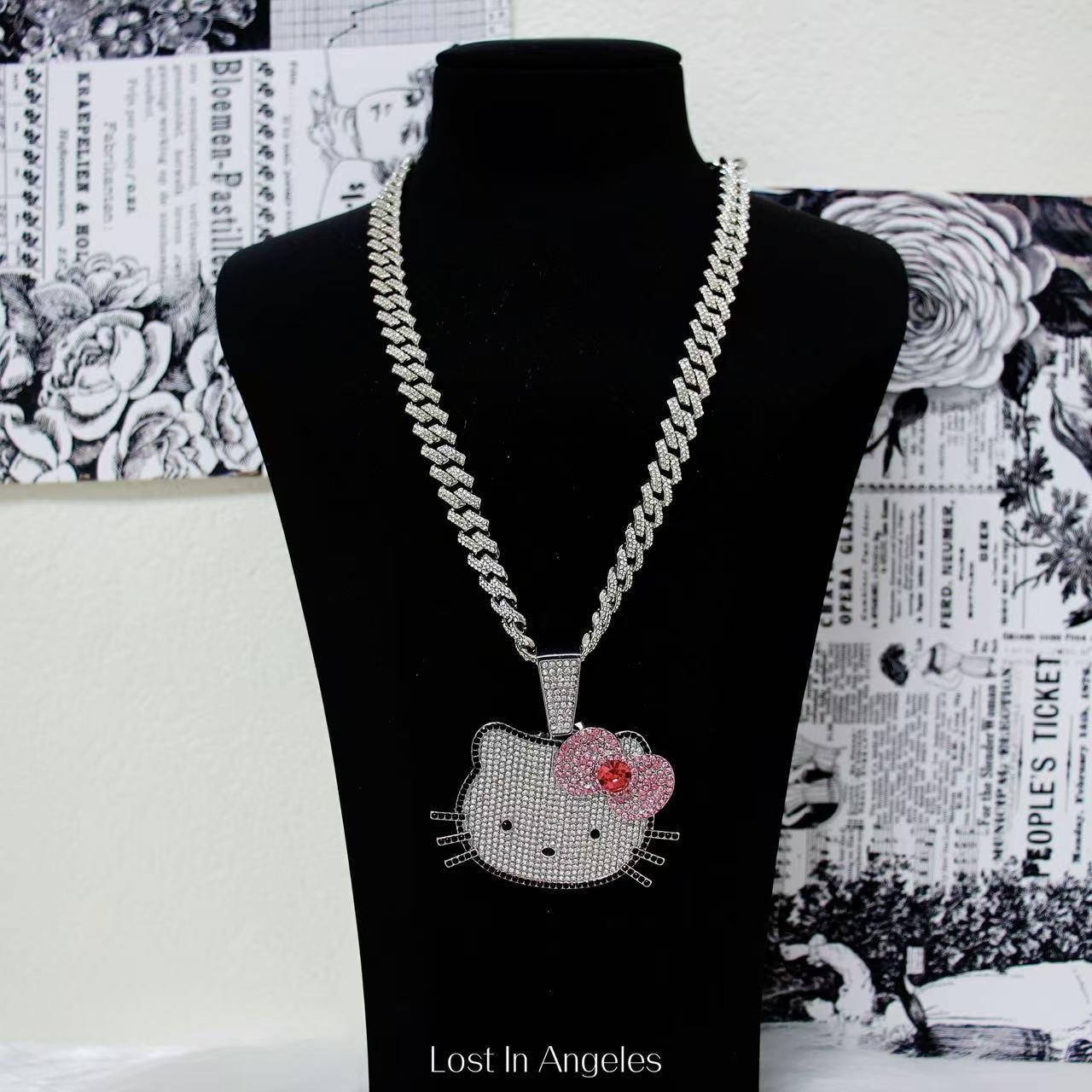 Iced Out Hello Kitty Necklace: Y2K Cuban Chain Charm - Etsy