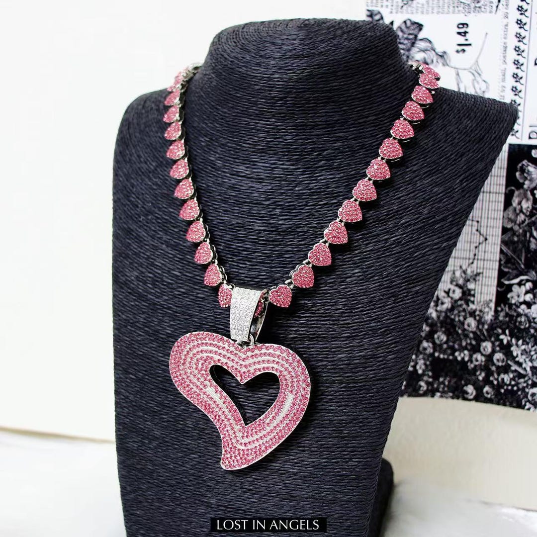 Iced Out Heart Pendant Necklace: Pink Cubic Zirconia Y2K Chain - Etsy