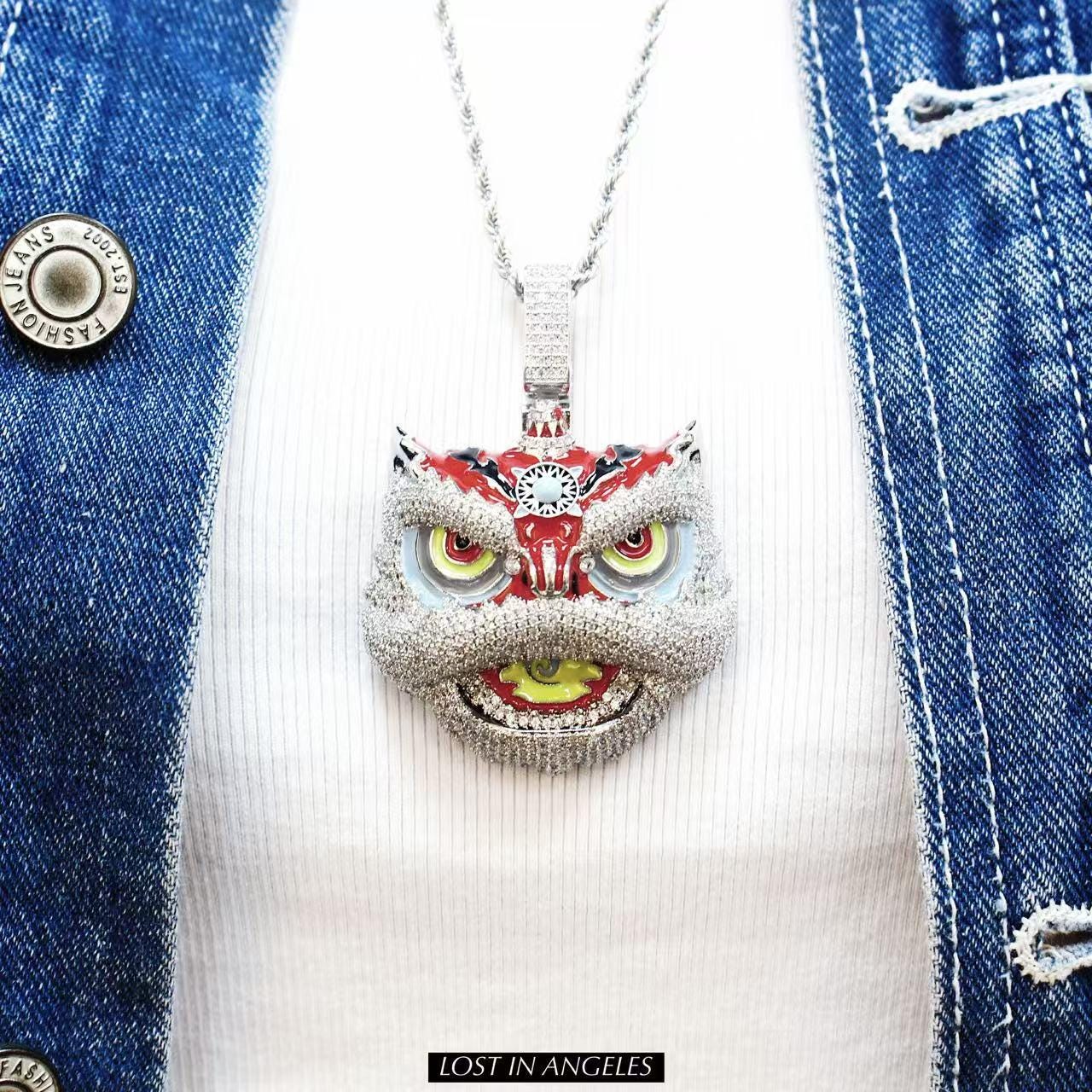 Bling Lion Head Pendant Necklace: Enamel Drip, Cubic Zirconia - Hip Hop ...