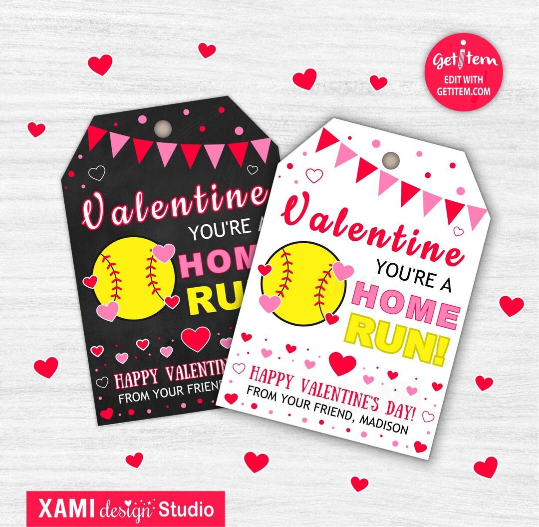 Editable Softball Valentine's Day Gift Tag Valentine You're A Homerun ...