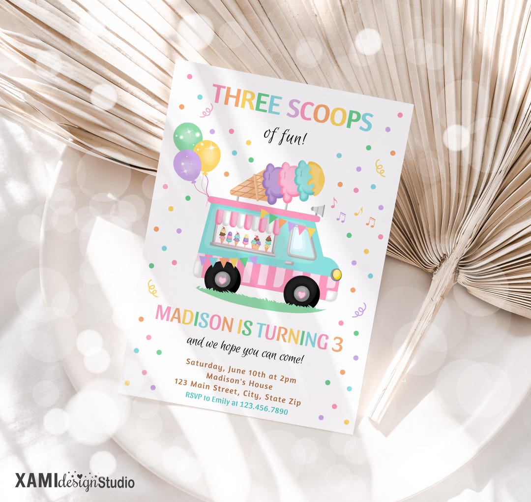 Editable Ice Cream Truck 3rd Birthday Invitation Three Scoops of Fun ...
