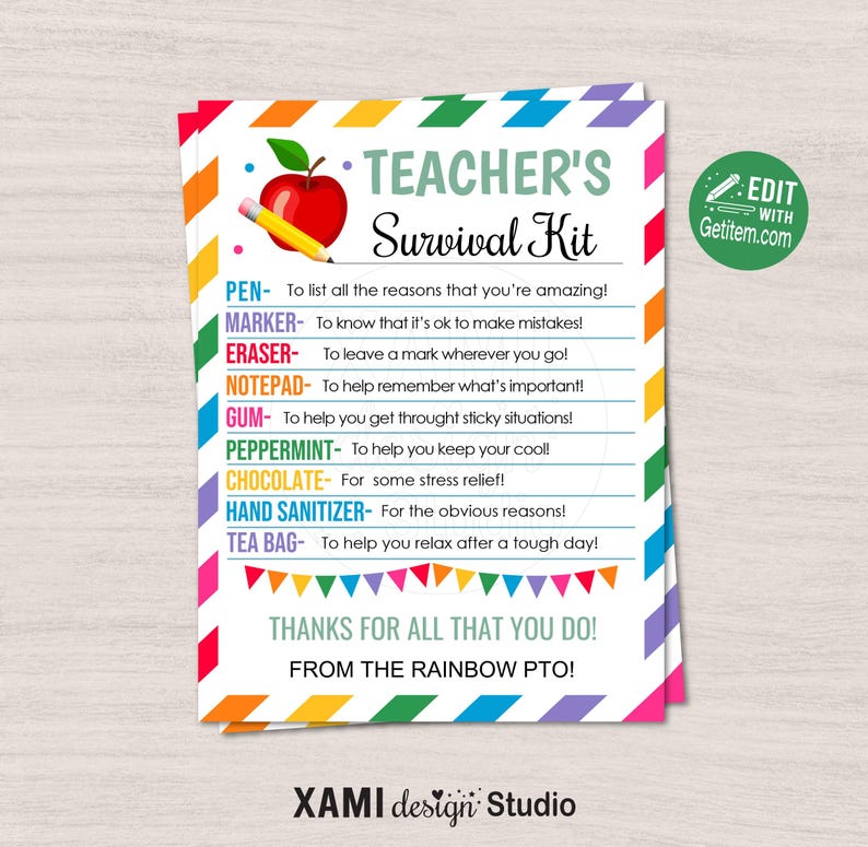 EDITABLE Teacher Survival Kit Printable Back to School Teacher ...