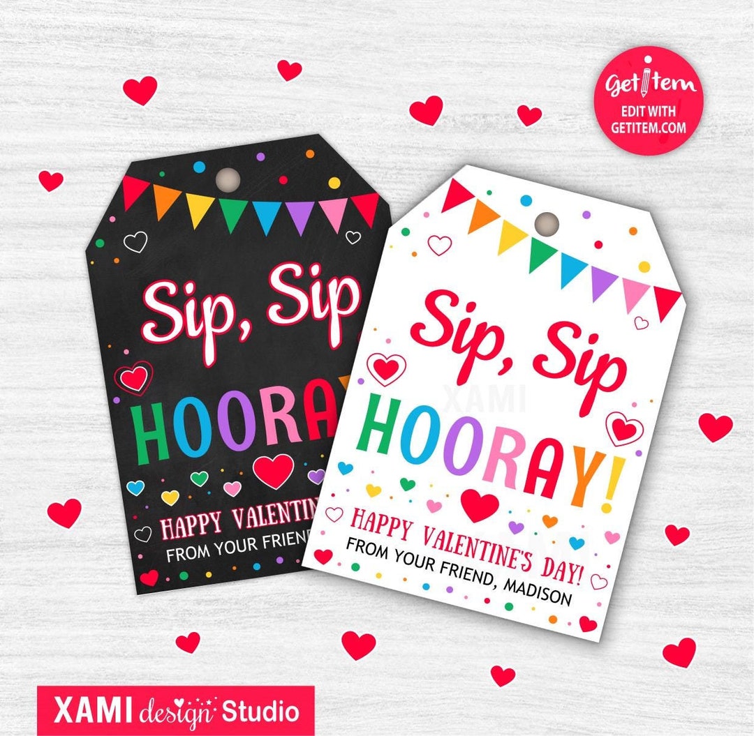 Editable Sip Sip Hooray Ex-straw Fun Valentine's Day Tag Straw ...