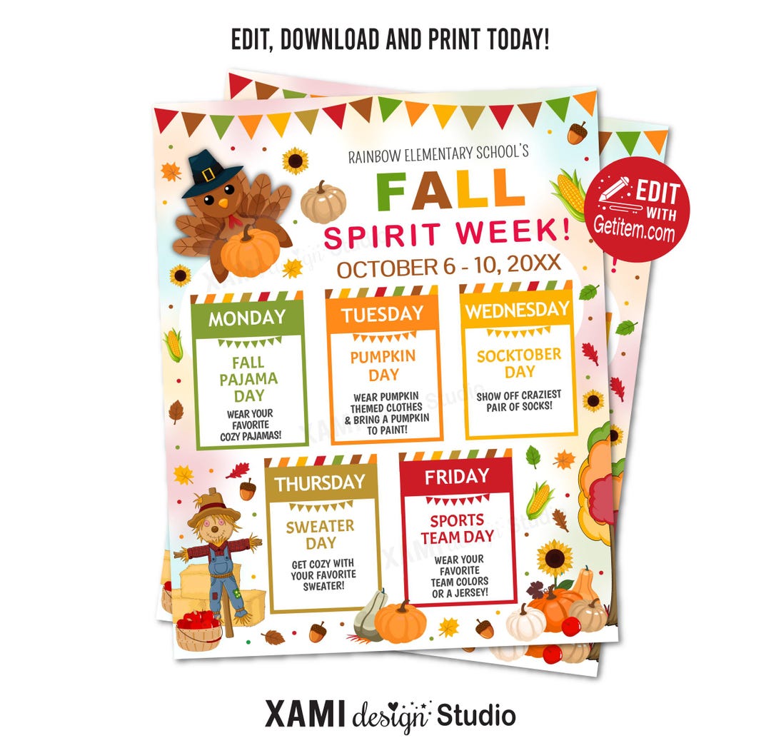 EDITABLE Fall Spirit Week Flyer School Spirit Days Itinerary & Weekly ...