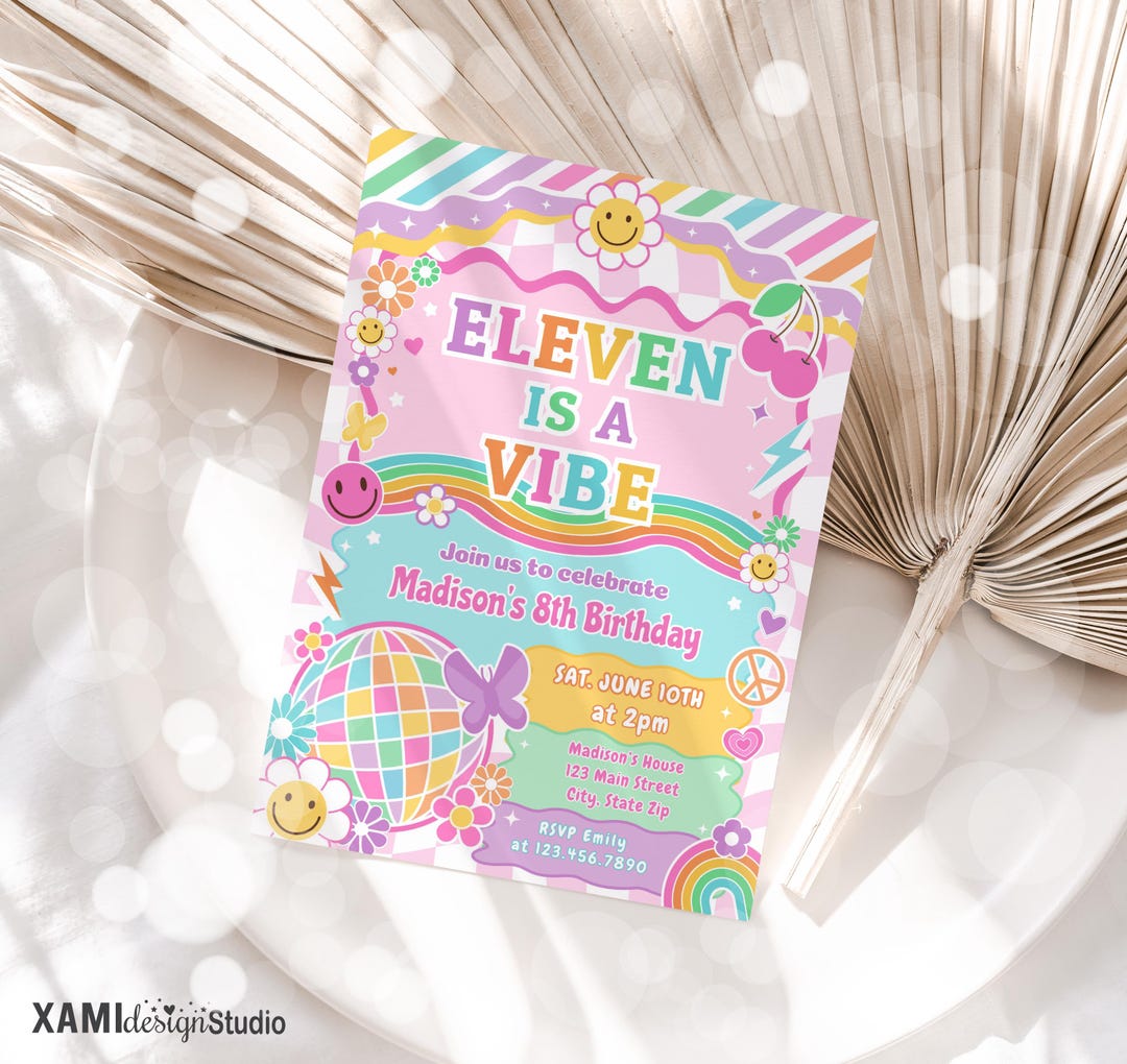 Editable Eleven is a Vibe Birthday Party Invitation Groovy Teen Varsity ...